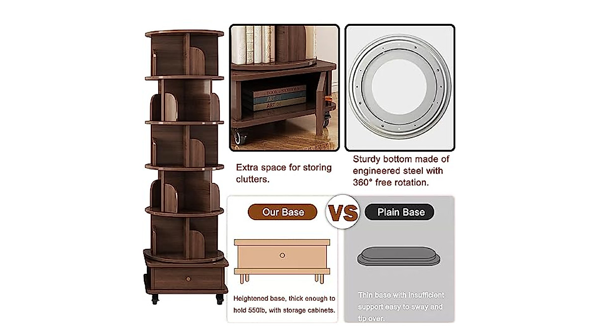 MMV 5-Tier Rotating Bookshelf - Stylish 360° Wood Bookcase