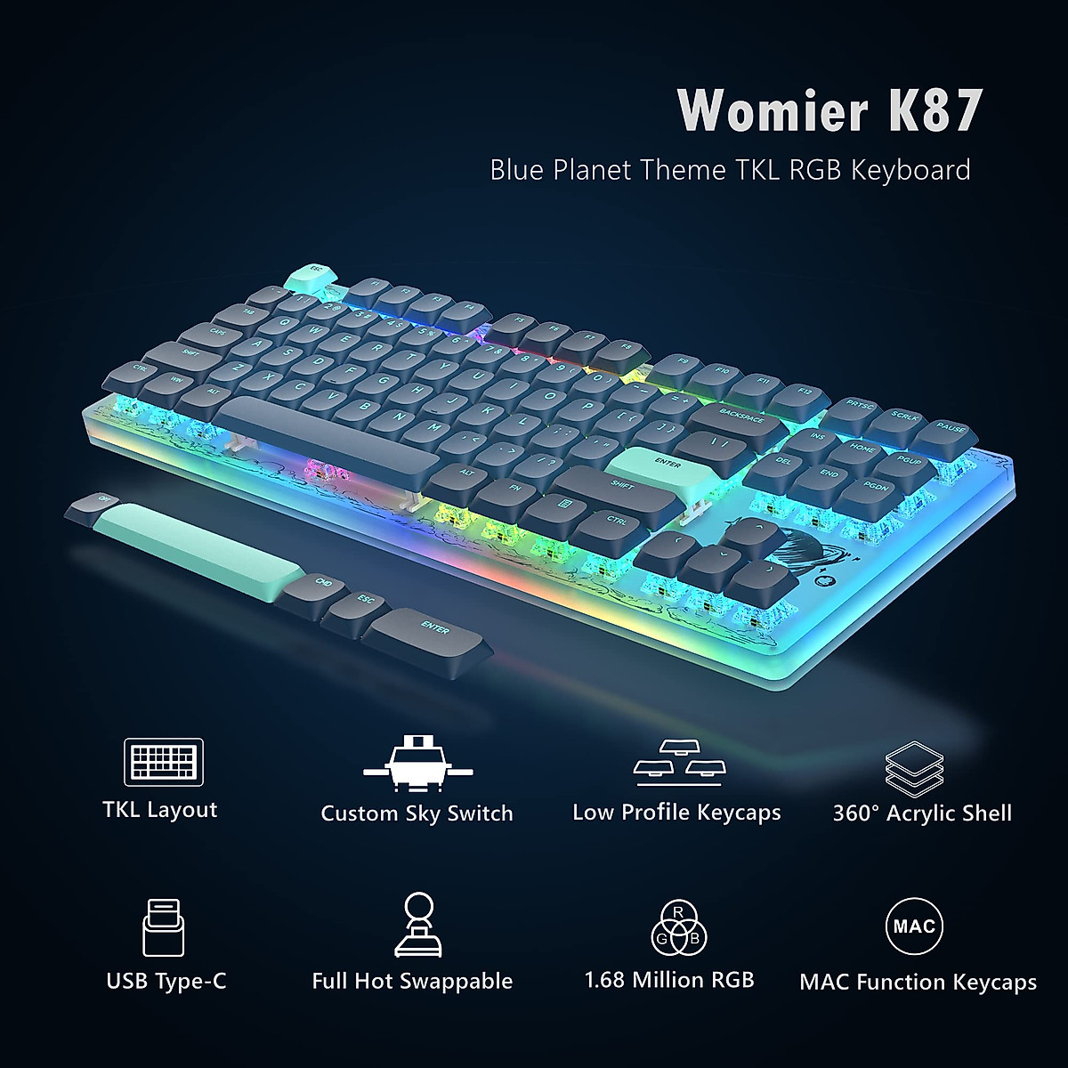 Womier K87 75% Keyboard, TKL Mechanical Keyboard, Hot Swappable Mechanical Gaming Keyboard, RGB 87 Keys Planet Theme Keyboard for Win/Mac/PC, Pro Driver/Software Supported (Linear Sky Switch)