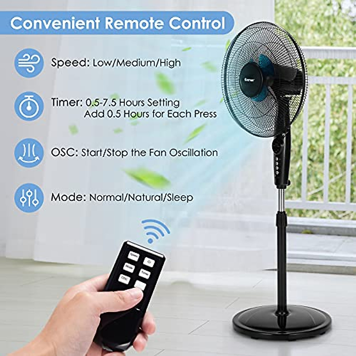COSTWAY Pedestal Fan, 18-Inch Adjustable Height Fan, 3-Speed Digital Control, Timer, LCD Display, Double Blades, Remote Control, Quiet Oscillating Stand Fan for Home, Office, Bedroom