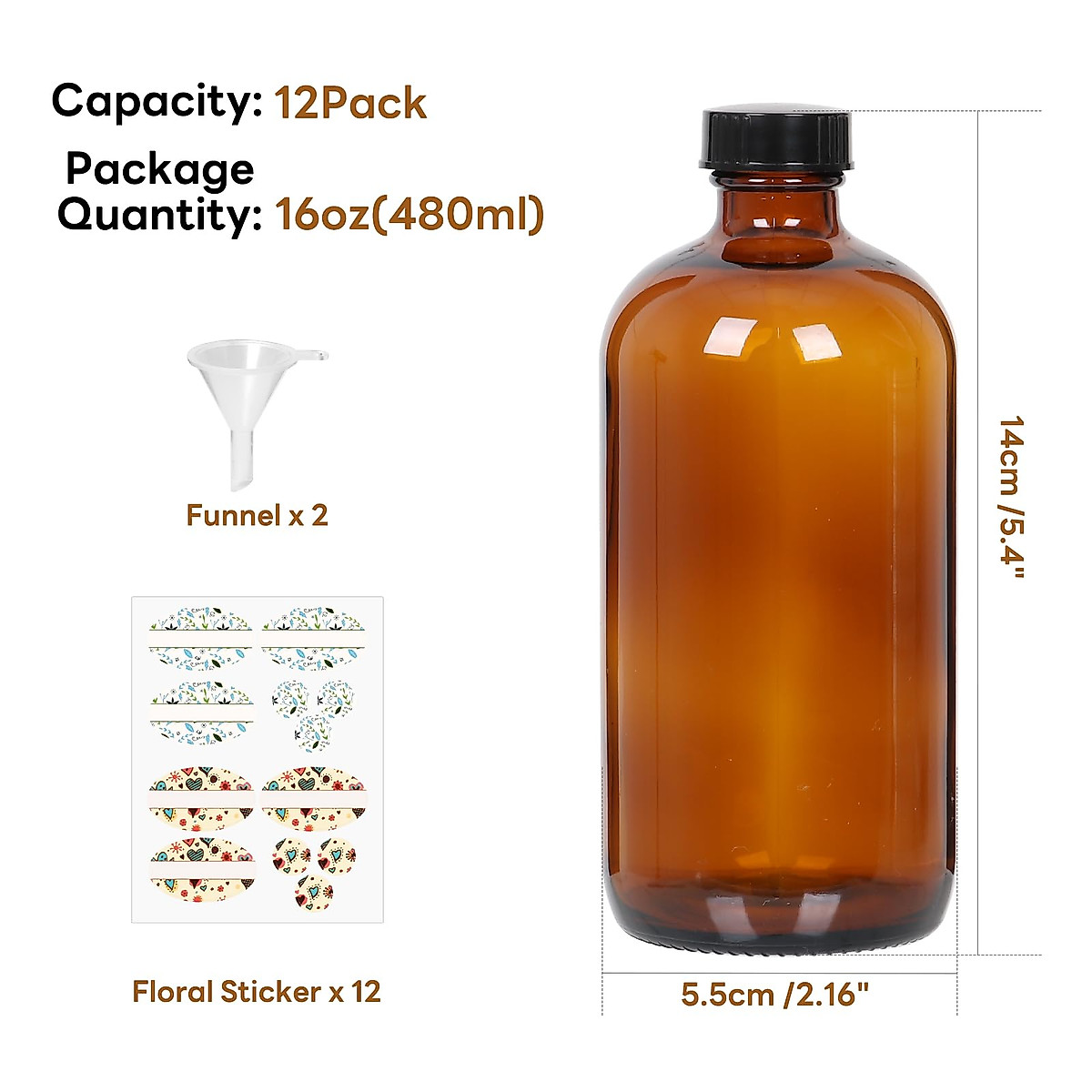 STARSIDE 12 Pack 16 oz Amber Glass Bottles with Lids, 480 ml Round Boston Bottles for Essential Oils, Hot Sauce, Juice, Liquids, Include 2 Funnel, 12 Labels.
