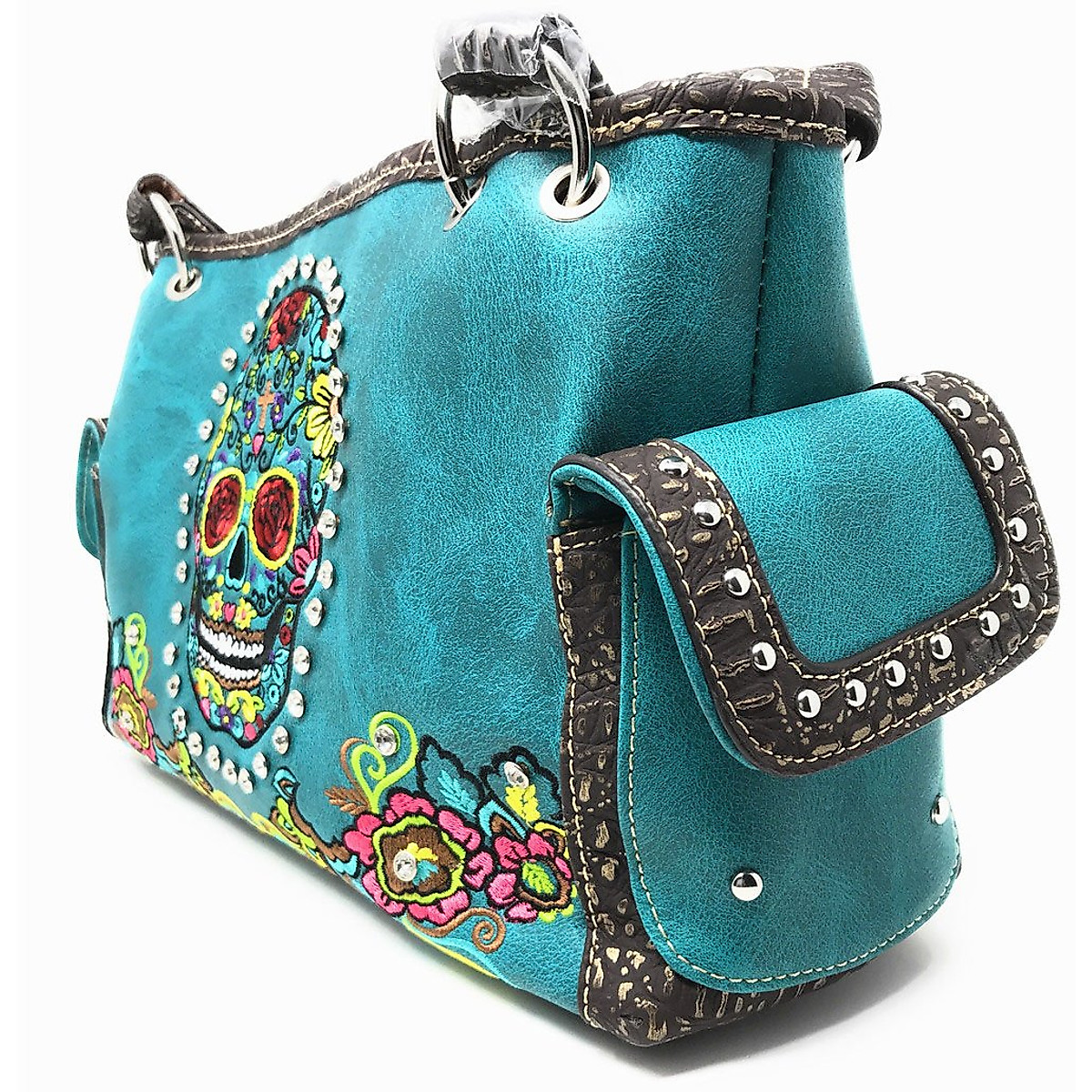 Texas West Women's Embroide Sugar Skull Handbag Purse Wallet Set in Multi Color (Turq)