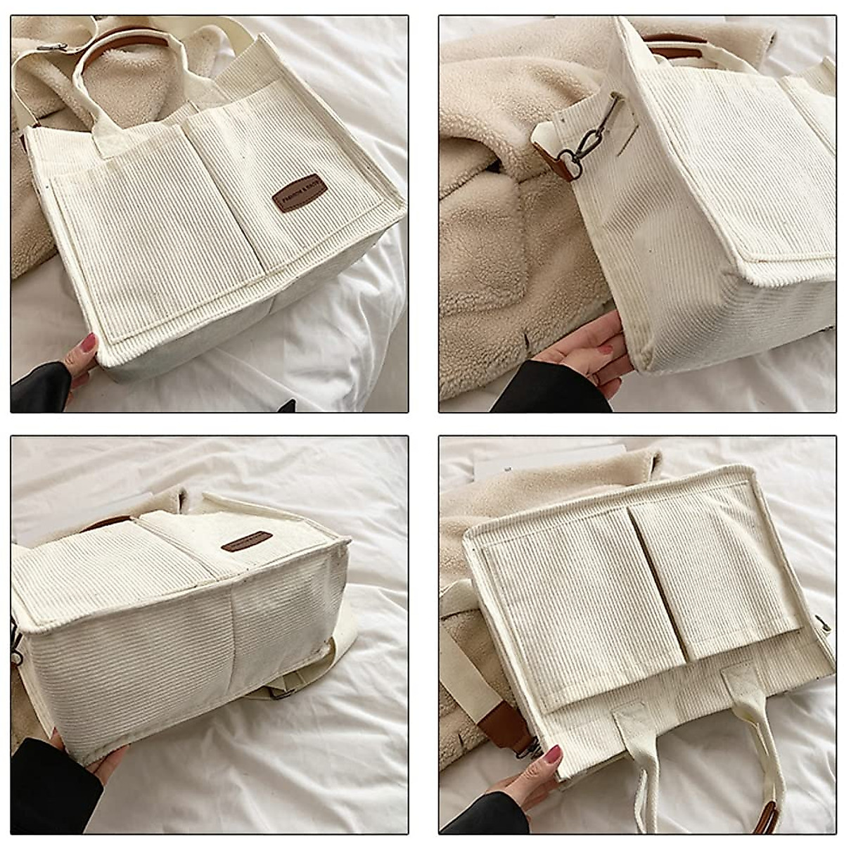 Tote Bag for Women Fashion Corduroy Handbags Casual Hobo Messenger Bag Canvas Shoulder Bag with Multi-pocket