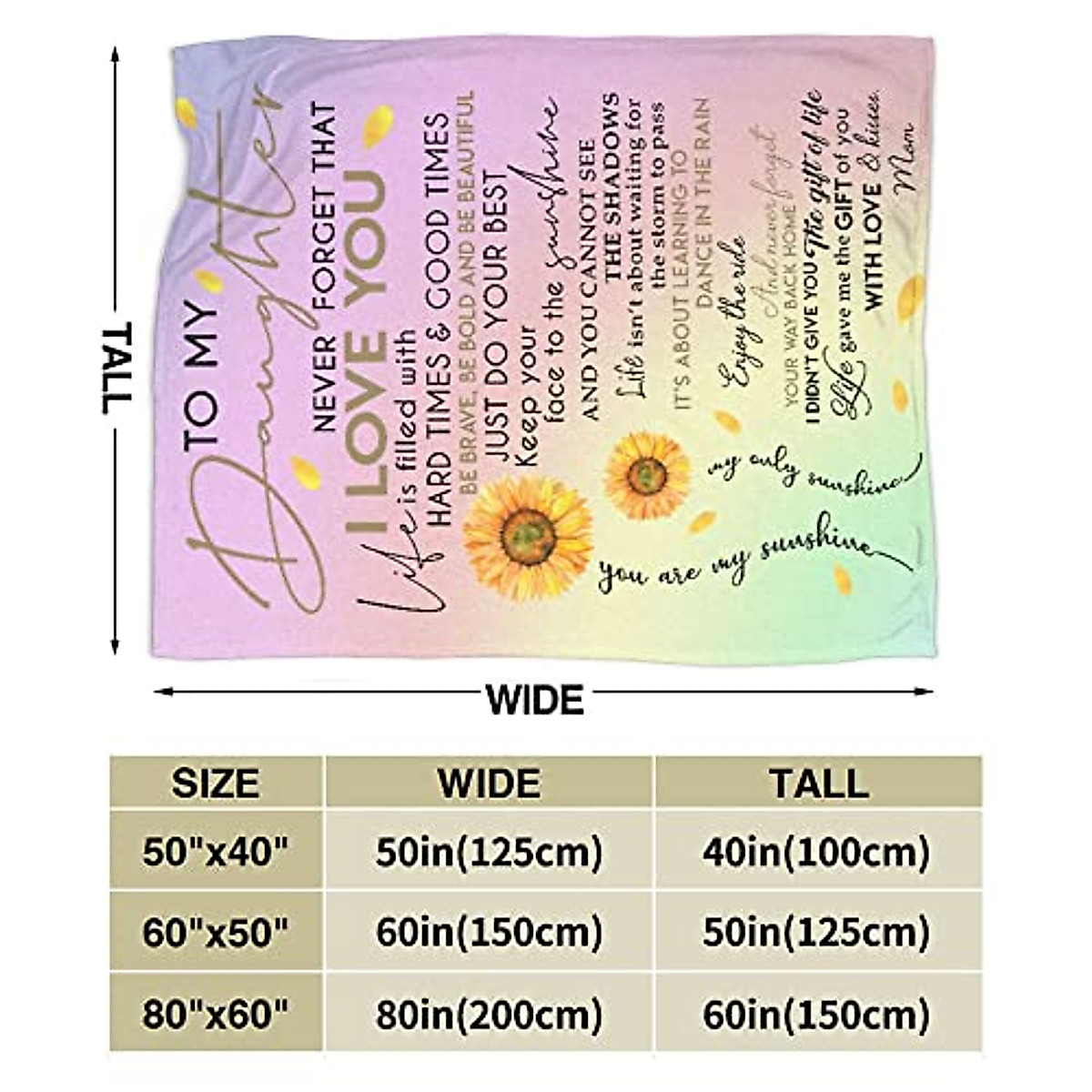Sunflower Blanket to My Daughter from Mom Super Soft Warm Fuzzy Letter Printed Fleece Throw Blankets for Bed Couch Office Travel Daughter Gifts for Birthday Holiday Christmas 60"x50"