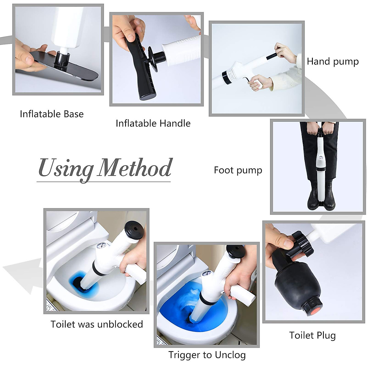 9 in 1 White Air Pressure Plunger Kits,Air Drain Blaster Gun Plunger High Pressure with 5 Heads,Detachable Assembly Sewer Toilet Kitchen Sink For Clogged Toilet and Kitchen Bathroom Tubs