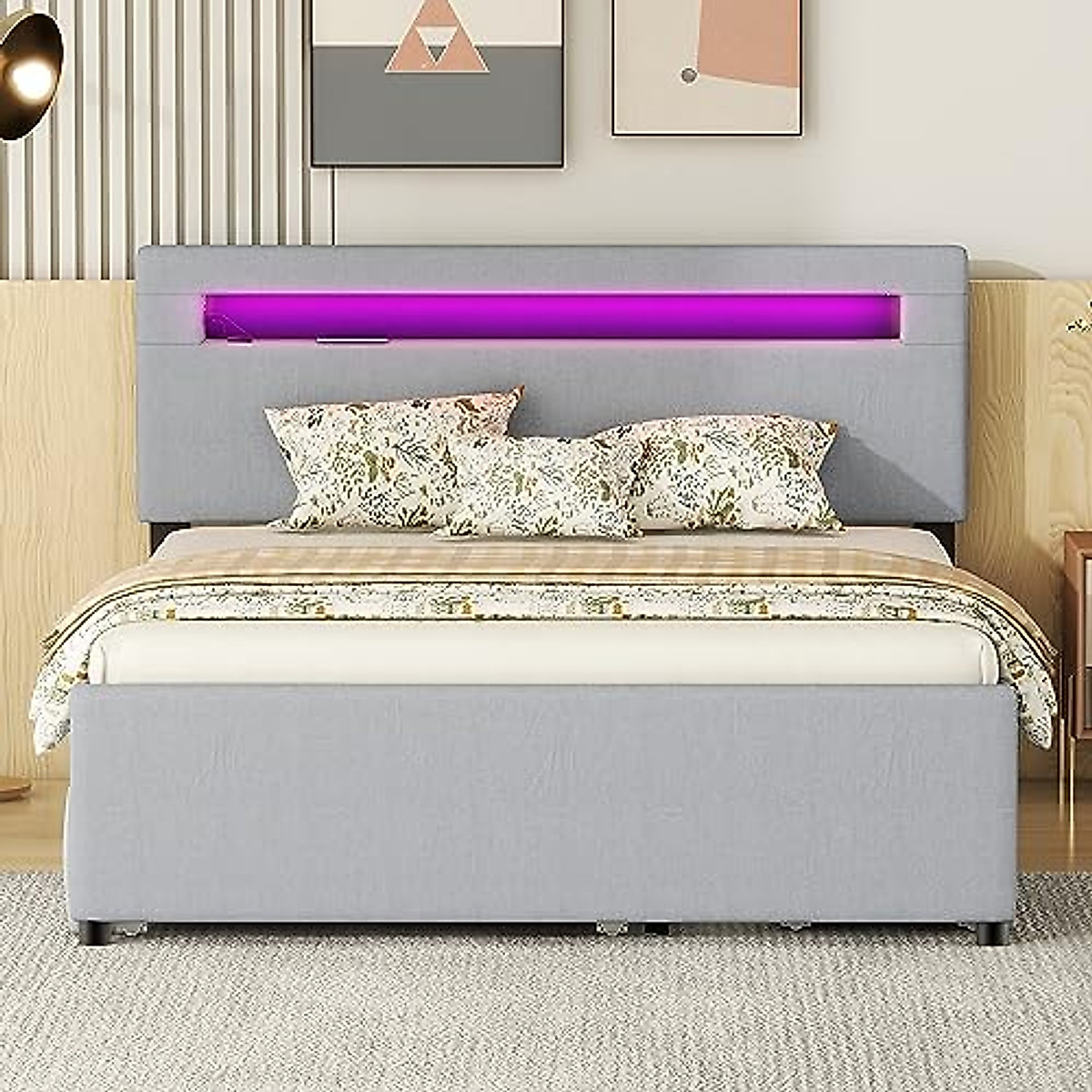 FEELHOME Queen Size Upholstered Platform Bed with 2 Storage Drawers and Twin Trundle, LED Lights and USB Charging, Linen Queen Bed Frame with Headboard and Wood Slat Support, Gray