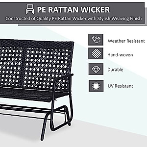 Outsunny Patio 2-Person Wicker Glider Bench Rocking Chair, Outdoor All-Hand Woven PE Rattan Loveseat w/Ergonomic Design Rocking System for Patio, Garden, Porch, Lawn, Black