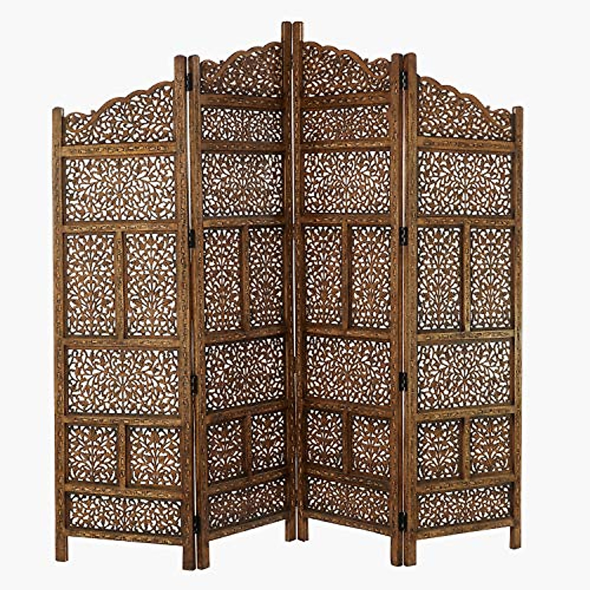 Deco 79 Wood Floral Handmade Hinged Foldable Arched Partition 4 Panel Room Divider Screen with Intricately Carved Designs, 80" x 1" x 72", Brown