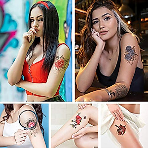 Konsait 15 Sheets Flower Temporary Tattoos for Women, Half Arm Tattoos Sleeves Stickers, Rose Flower Skull Butterfly Fake Tattoos, Arm Chest Shoulder Decorations Tattoos for Adults Girls Kids