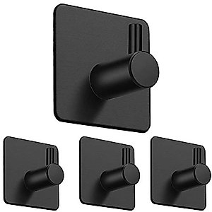 ZHhan 4 Packs Hooks Heavy Duty Wall Hooks Self Adhesive Waterproof Stainless Steel Hooks for Hanging Coat, Hat,Towel Robe Hook Rack Wall Mount Bathroom and Bedroom Black