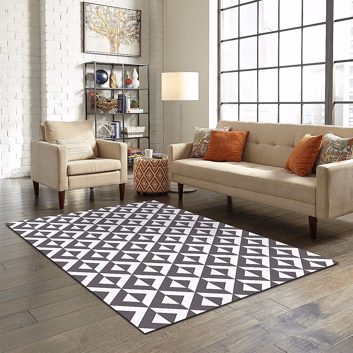 Abstract Black and White Geometric Irregular Print Area Rugs, Retro Irregular Gray Diamond Stripe Art Bedroom Rug, with Anti-Slip Backing Washable Carpet for Living Room Study Dining Room -5' x 7'