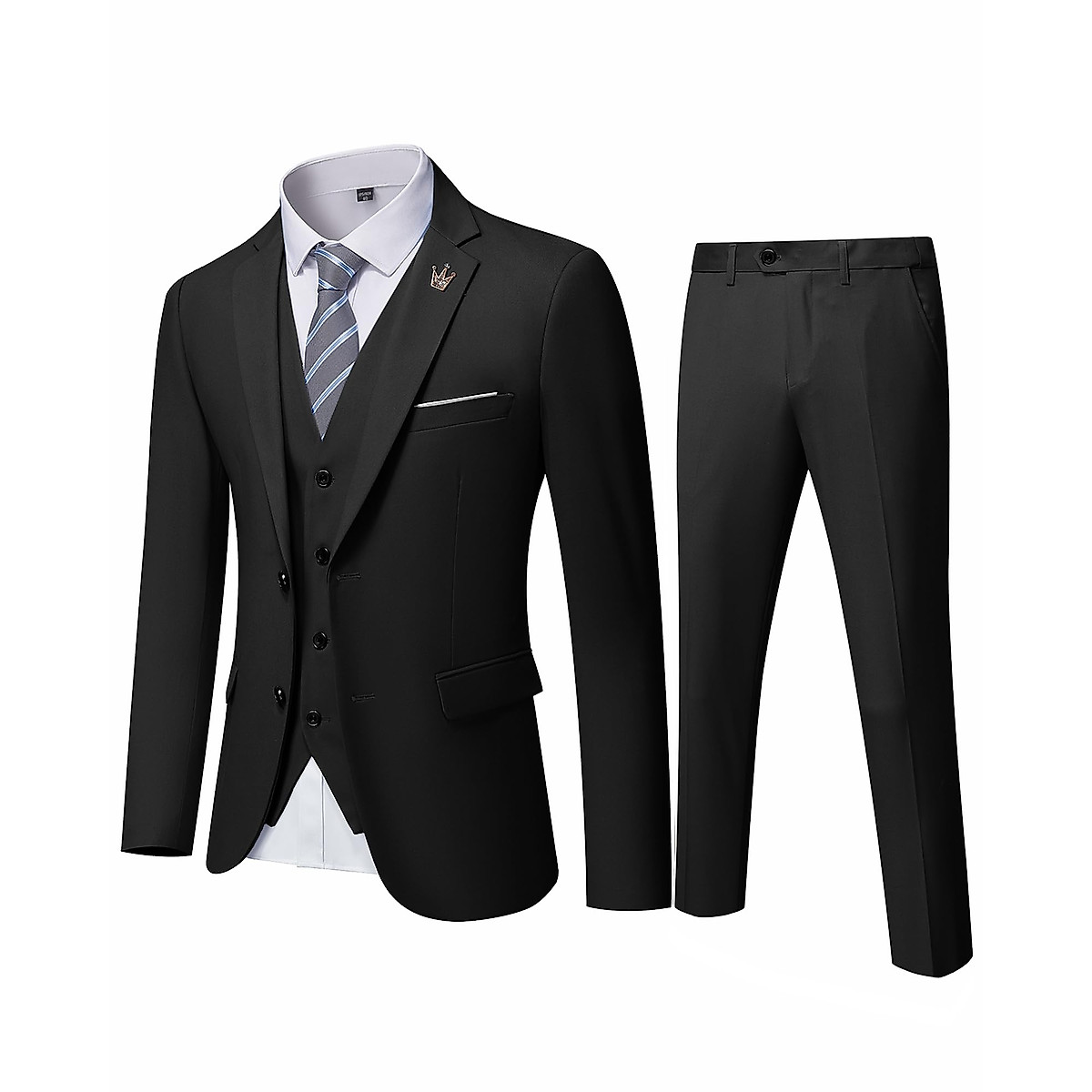MY'S Men's 3 Piece Slim Fit Suit Set, Two Button Blazer Jacket Vest Pants with Tie, Solid Wedding Dress Tux and Trousers Black Small