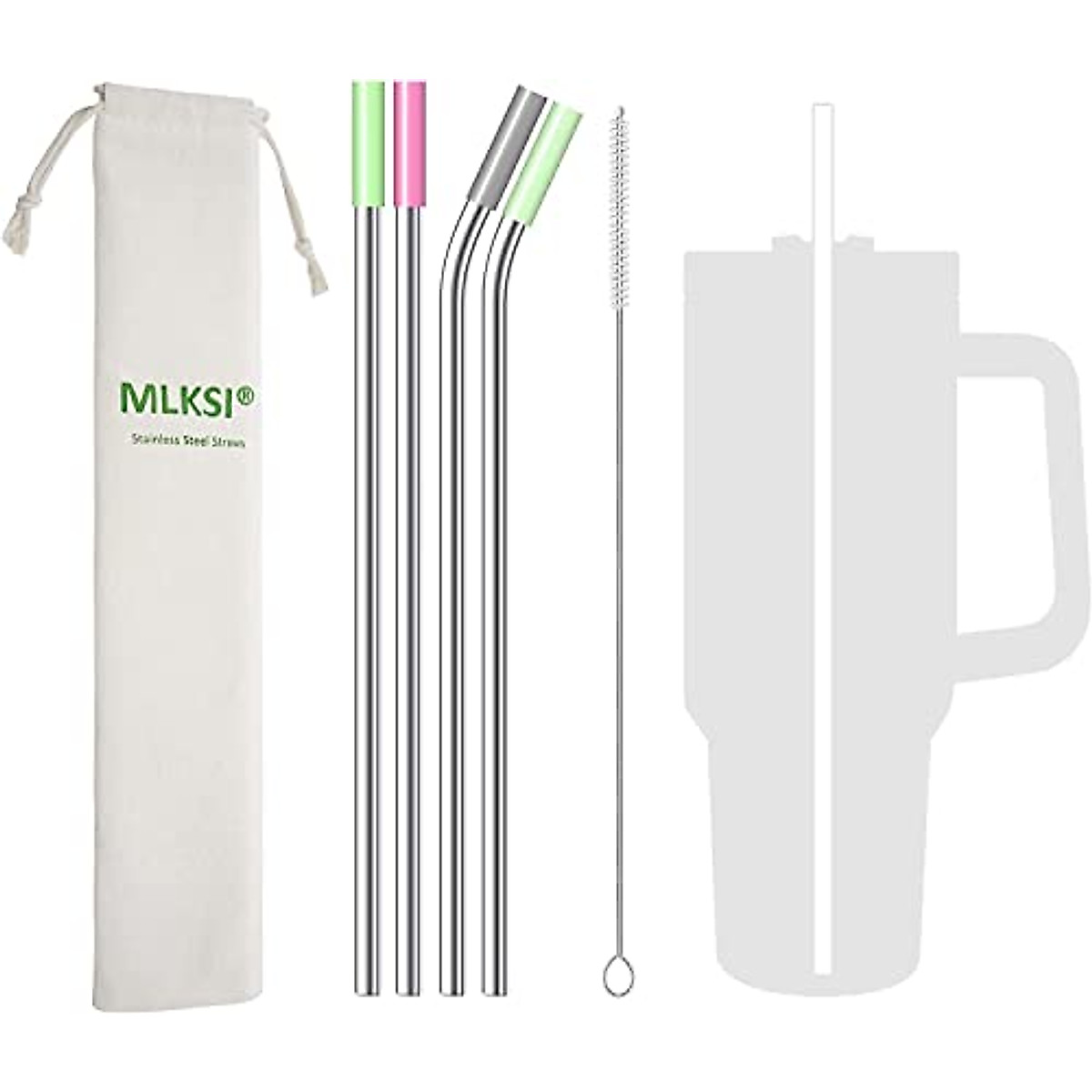 MLKSI Stainless Steel Straw Replacement for Stanley Cup Accessories, 4 Pack Reusable Straws with Silicone Tips and Cleaning Brush for Stanley Quencher 40oz & Simple Modern Tumbler with Handle