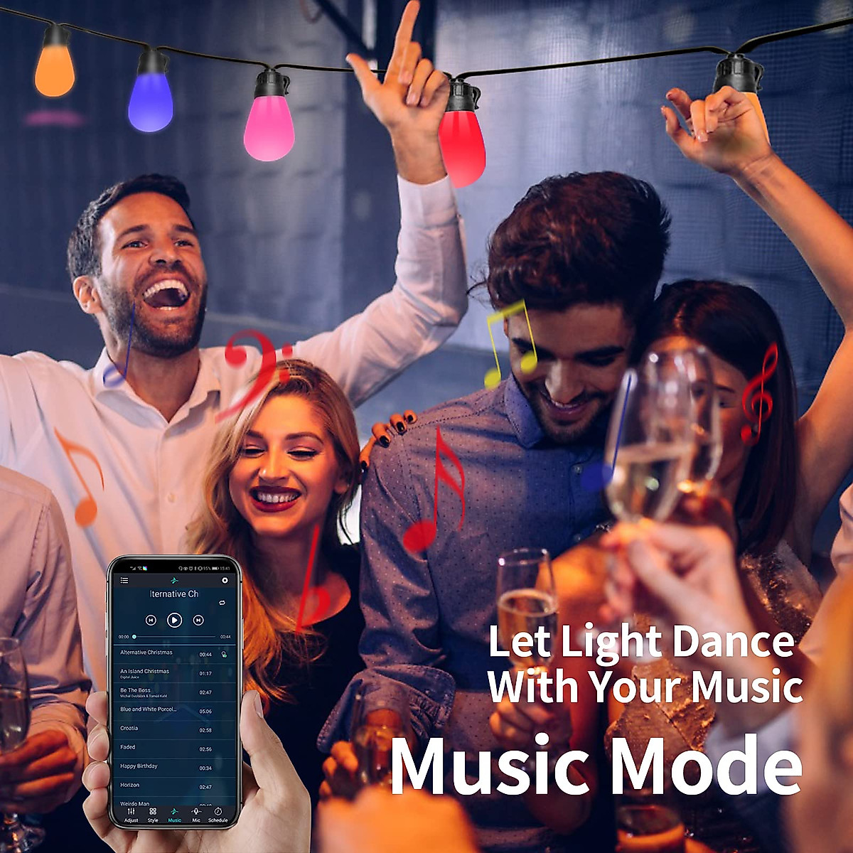 morefulls Outdoor String Lights - 48ft Multi-Color LED Patio Lights Withwith 15 Dimmable RGB LED Bulbs App Control IP65 Waterproof Colorful LED Bulbs