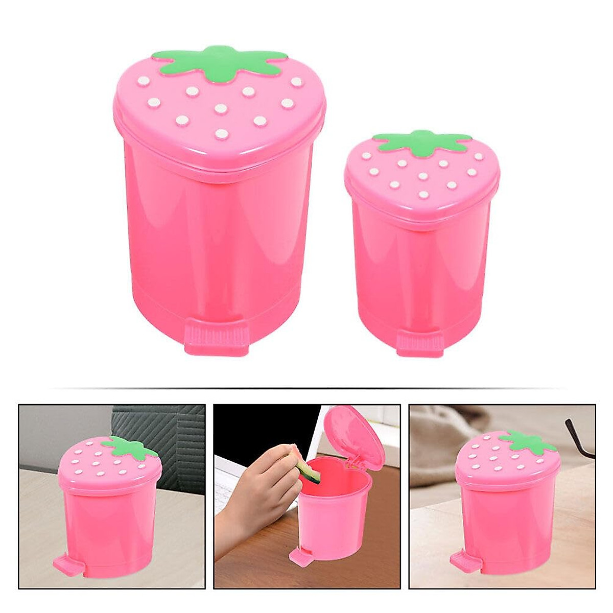 Luxshiny 2pcs Strawberry Trash Can Cute Mini Countertop Trash Can with Lid Kawaii Small Garbage Can Plastic Waste Bin Wastebasket for Car Office Bedroom Kitchen Decor