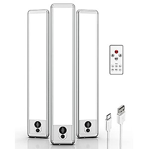 EZVALO Under Cabinet Lights, LED Closet Light Wireless USB Charging, Motion Sensor Lighting Indoor 5300K Dimmable Night Lights with Remote Control for Kitchen,Bedroom,Wardrobe,Hallway,Stairs (3 Pcs)