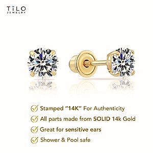 14k Yellow Gold Solitaire Round Cubic Zirconia Stud Earrings in Secure Screw-backs (6mm)…