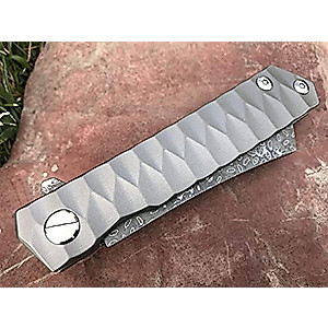 TACTICAL GEARZ Custom Damascus Steel EDC Pocket Folding Knife, Solid Tc4 Titanium Handle! Includes Sheath! For Outdoor Camping, Hiking, Gifts for Men, Birthday Gifts (Silver XS)