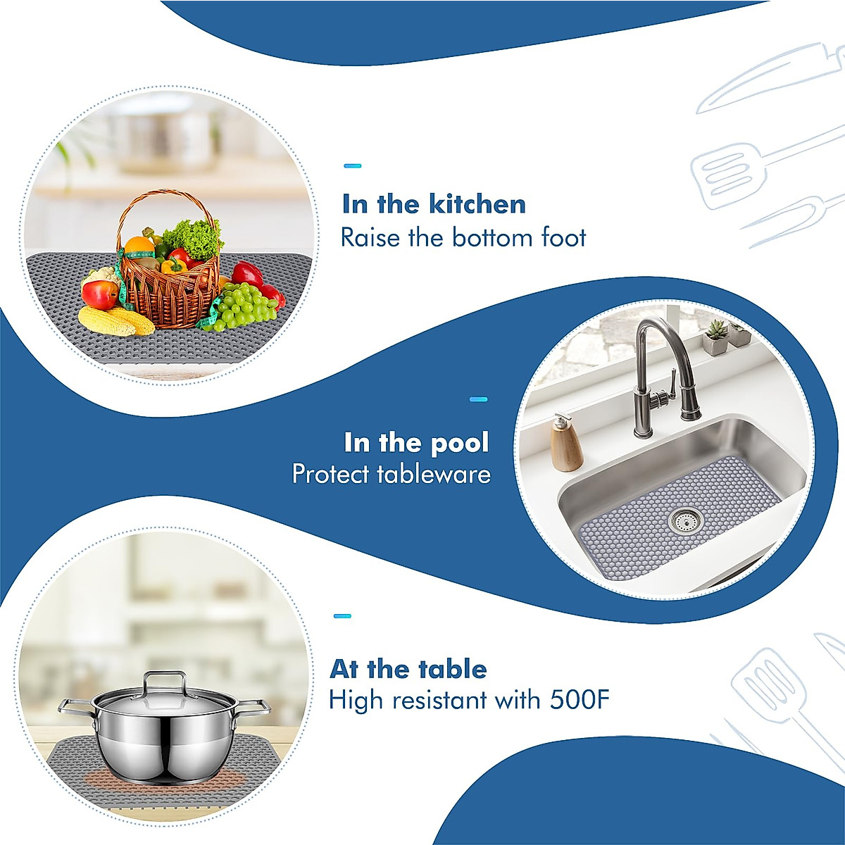 Bestjing Silicone Sink Mat - Protectors for Kitchen Sink with Center Drain, 26"x 14" Kitchen Sink Grid, Non-Slip Heat-Resistant Sink Mat for Bottom of Farmhouse Stainless Steel Sink (Center Hole)