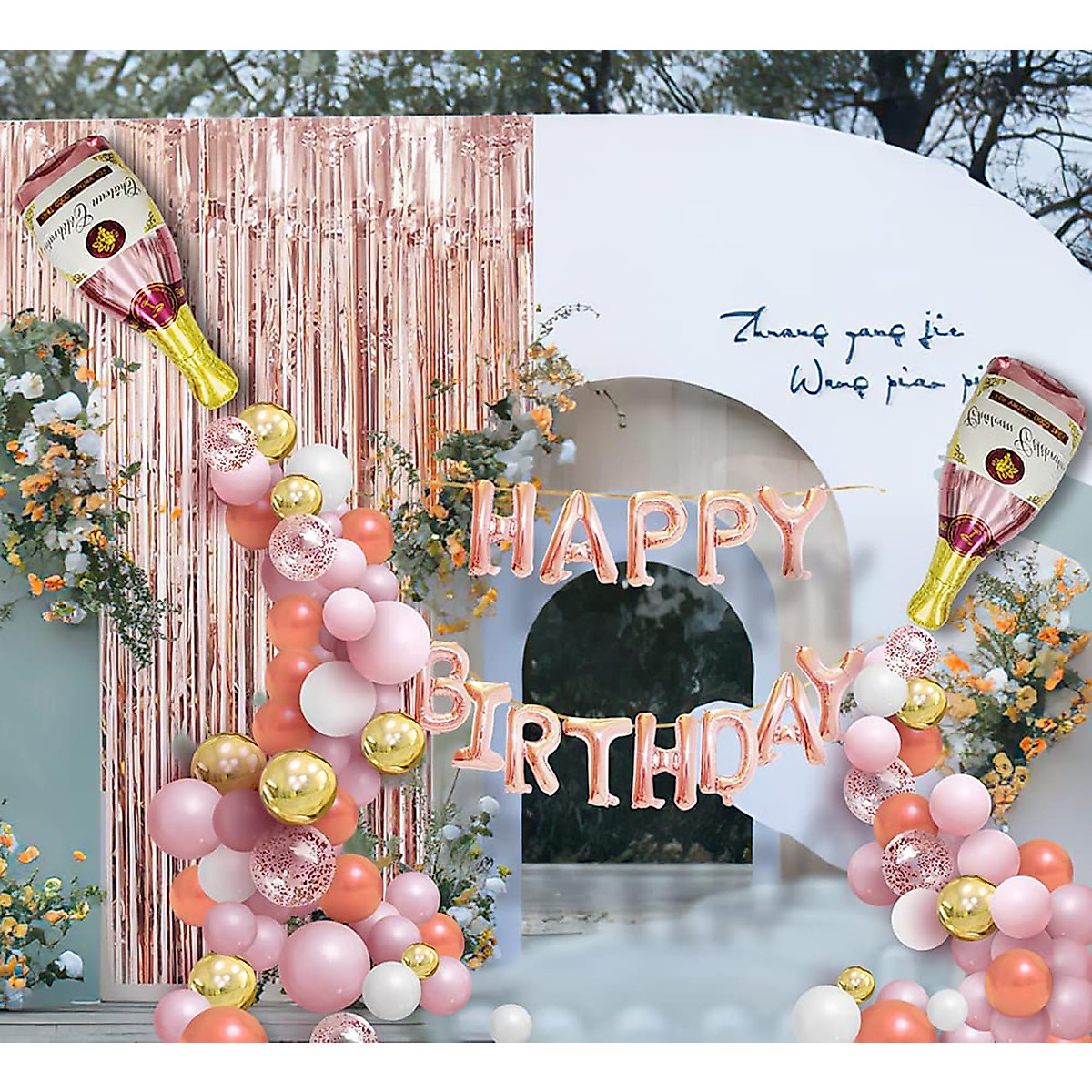 Rose Gold Birthday Decorations for Women, Include Happy Birthday Banner, Rose Gold Champagne Balloon Garland Arch Kit and 2Pcs Rose Gold Fringe Curtain