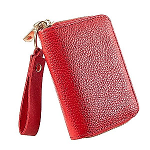 PEIQICHU Red Credit Card Holder 14 Slots Soft PU Leather Card Case Card Protector Metal Zipper With Keychain Men & Women RFID Blocking Small Wallet for ID Card Credit Cards
