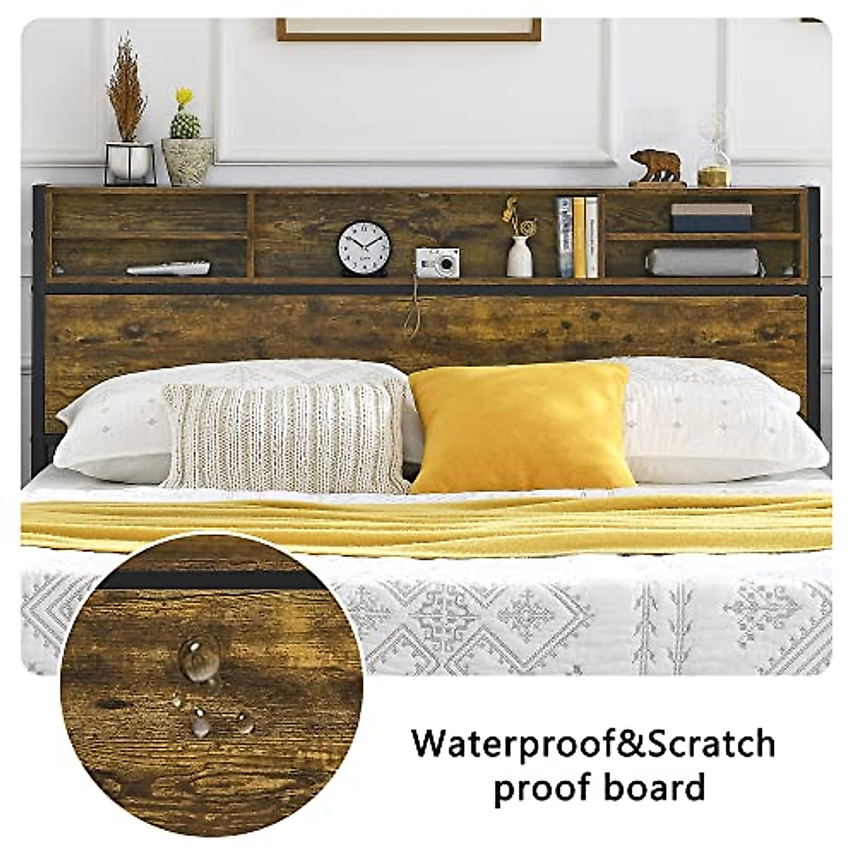 Alohappy Full Size Bed Frame with Bookcase Headboard, Metal Platform Bed Frame Full with Headboard Double Support Legs 13 Metal Slats Support,Easy Assembly Noise Free No Box Spring Needed