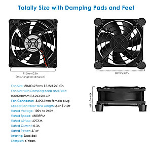 Qirssyn 80mm x 25mm Computer Fan with AC Plug 100V - 240V Variable Speed Fan for Receiver Xbox DVR Playstation Component Cooling