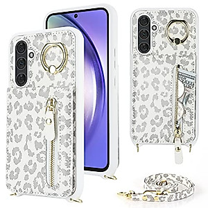 Jaorty Samsung Galaxy A54 5G Phone Case for Women with Card Holder,Samsung A54 Case Wallet Crossbody Lanyard with Strap,Credit Card Slots Kickstand Case with Ring Holder,6.4 Inch,White Leopard