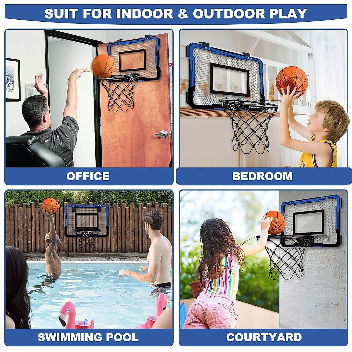 QDRAGON Mini Basketball Hoop, Over The Door Indoor, with 3 Balls/Inflator/Breakaway Rim, Basketball Toy Gifts for Kids and Adults, Suit for Bedroom/Office/Outdoor, Blue