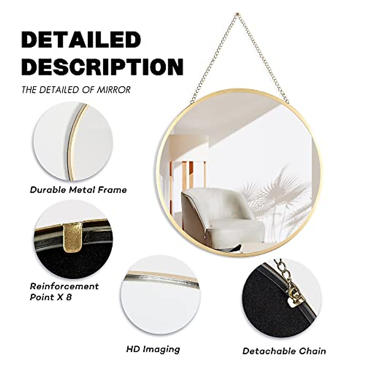 Hanging Circle Mirror Wall Decor Gold Round Mirror with Hanging Chain for Bathroom, Bedroom, Vanity, Living Room, Entryway, 10 Inch X 10 Inch