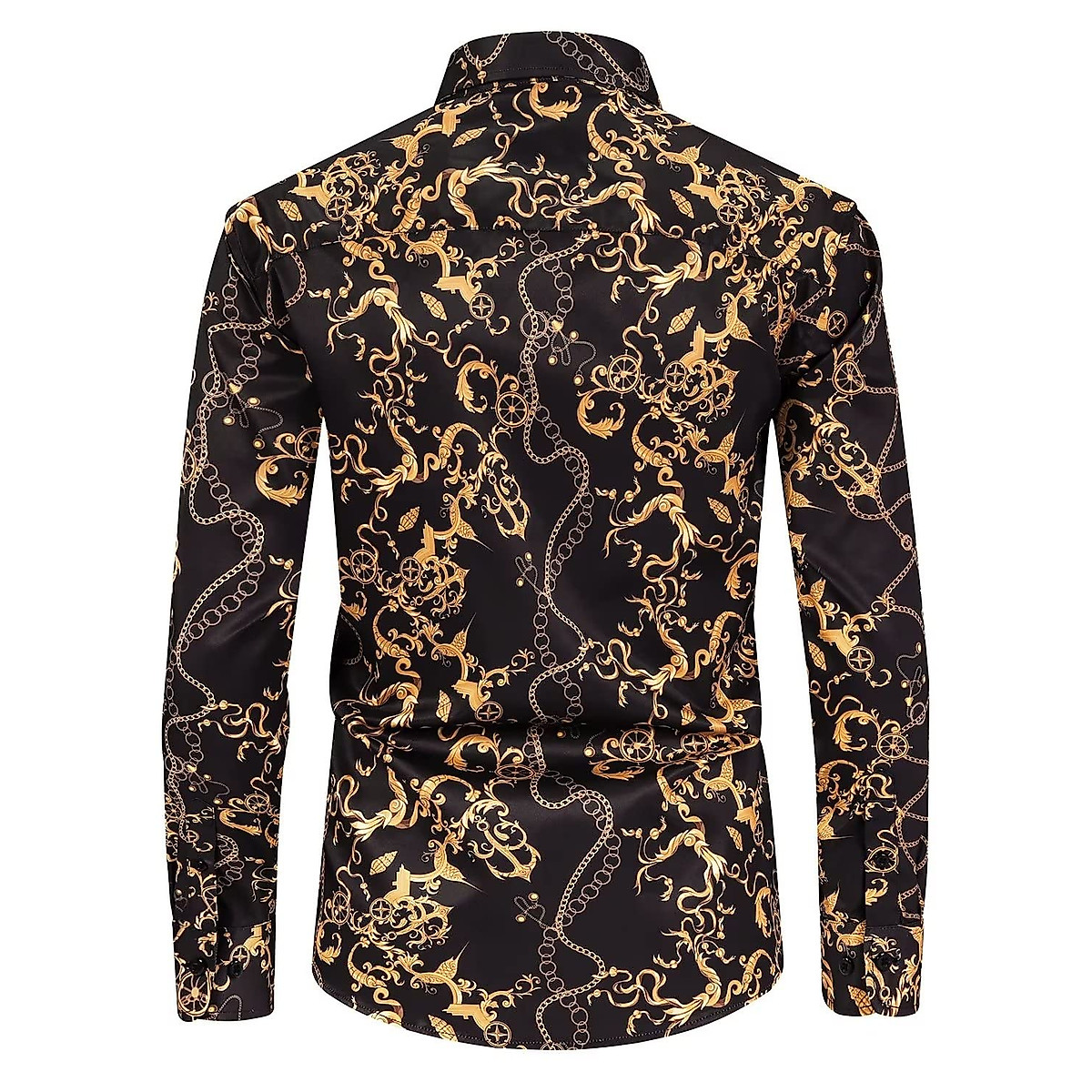 Bolcguri Mens Black Gold Chain Dress Shirts Luxury Baroque Print Long Sleeve Button Up Buchona Silky Shirt S