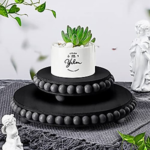 2 Pcs Beaded Wood Pedestal Stand Wooden Risers for Display Farmhouse Round Display Stands Decorative Accent for Coffee Bar, Bathroom, Kitchen Island, Plant Pot (Black, 6/9.5 Inch)