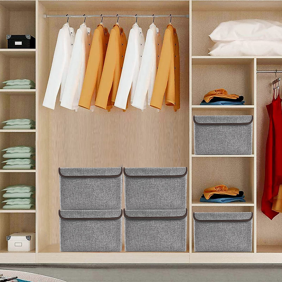 Bagnizer Large 22 Quart Linen Fabric Foldable Storage Bin Cube Organizer Basket with Flip-Top Lid & Handles, Large Clothes Blanket Box for Home, Office, Closet, 4 Pack 14.6 x 9.5 x 9.5”