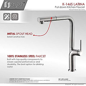 STYLISH Modern Kitchen Sink Faucet Single Handle Pull Down Dual Mode 100% Solid Stainless Steel Brushed Stainless Steel Finish, K-146S