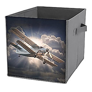 Retro Style Biplane PU Leather Collapsible Storage Bins Canvas Cube Organizer Basket with Handles