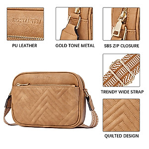 BOSTANTEN Quilted Crossbody Bags for Women Vegan Leather Purses Small Shoulder Handbags with Wide Strap Camel Brown