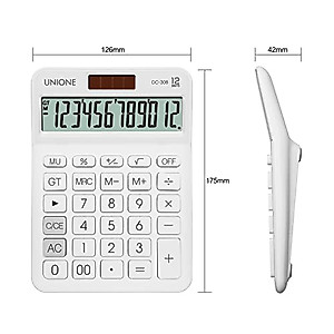 UNIONE Big Size Calculator with a Bright LCD, Dual Power Handheld Desktop. Color. Business, Office, High School 5×7in (WHITE)