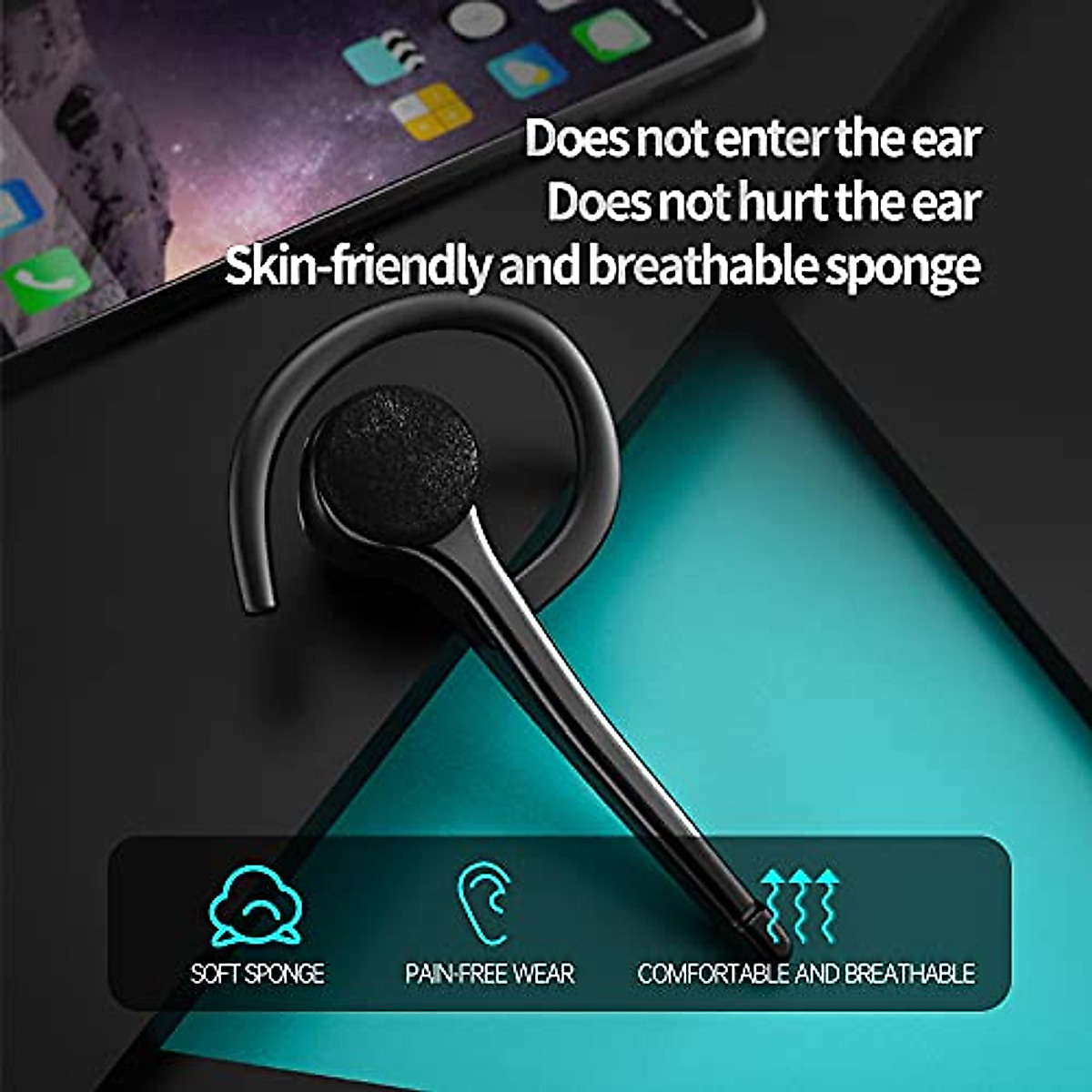 IHAO Wireless Bluetooth Earpiece Headphone Dual Noise Cancelling Mic Painless Open-Ear Handsfree Headset Stereo Sound Left/Right Changeable Earhook Earphones for Driving/Business/Gym