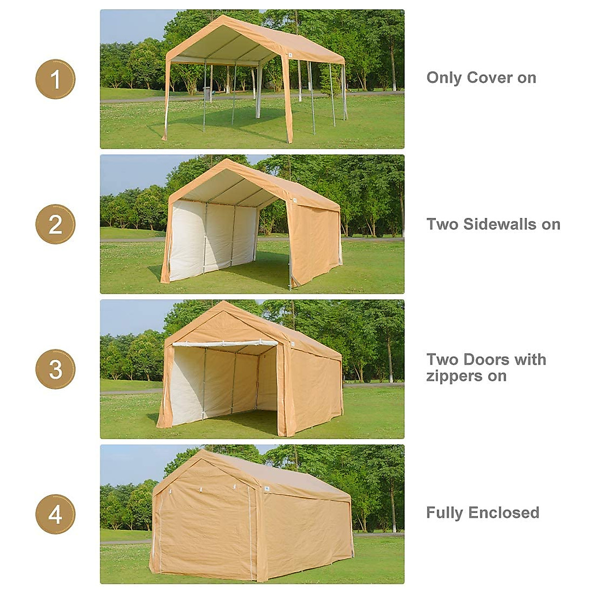 ADVANCE OUTDOOR Adjustable 10x20 ft Heavy Duty Carport Car Canopy Garage Shelter Boat Party Tent, Adjustable Heights from 9.5ft to 11.0ft, Removable Sidewalls and Doors, Beige