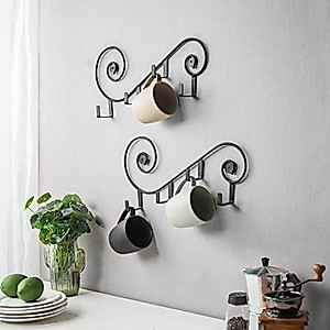 MyGift Set of 2 Vintage Scrollwork Design Wall Mounted Metal Mug Hook Air Drying Rack, Black