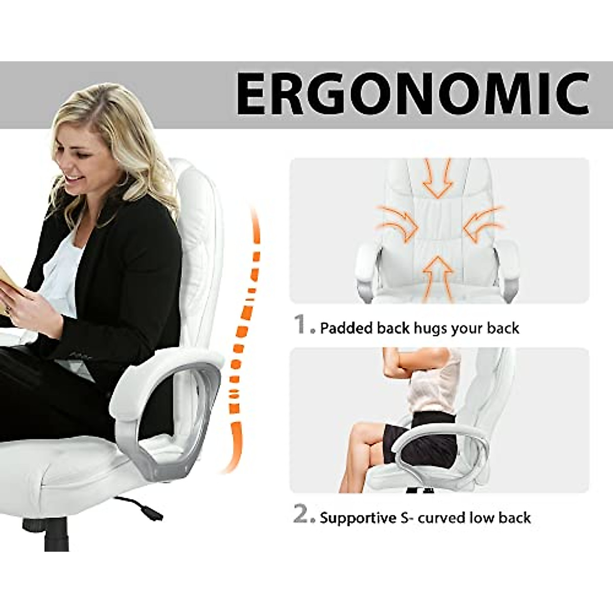Ergonomic Office Chair, Height Adjustable Pu Leather Office Chair with Padded Armrests and Lumbar Support, 250 Lbs Heavy Duty Swivel Desk Chair Computer Chair for Men Women, Desk Chairs with Wheels