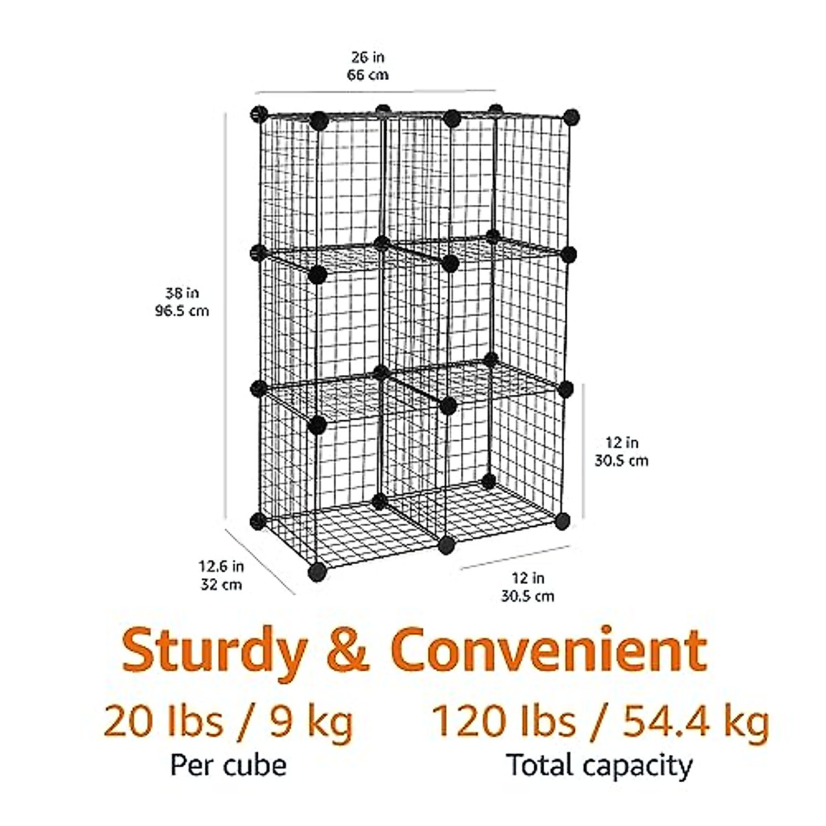 Amazon Basics 6-Cube Wire Grid Stackable Storage Shelves, 12 x 12-Inches, Black, 12.6"D x 26"W x 38"H
