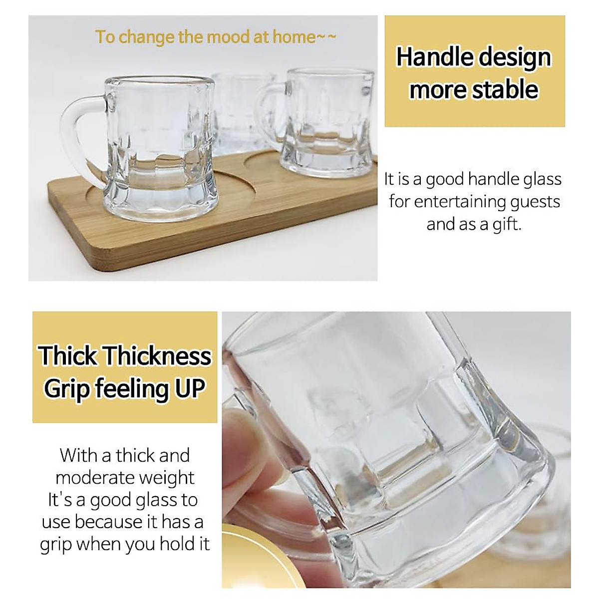 KAZARIKO Korean Shot Glass with Handle Set of 6 or 12, Mini Heavy Base Clear Beer Mugs, Soju Glasses 50 ml/1.8 oz Whiskey, Tequila, Liquor (6Pack)