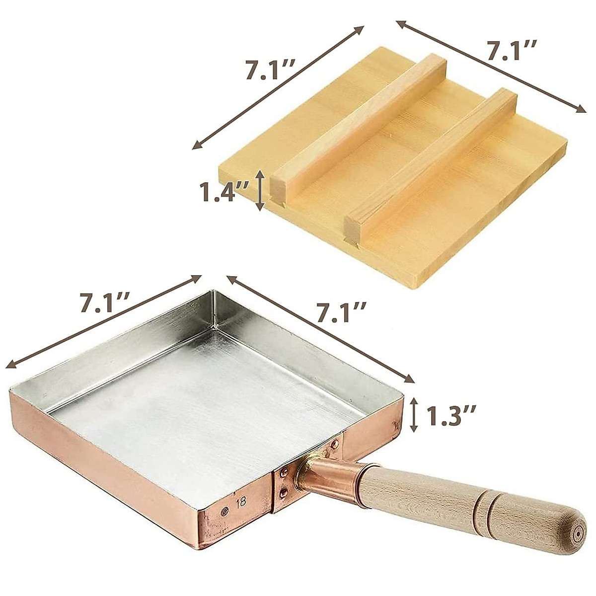 TIKUSAN Japanese Tamagoyaki Pan Omelets Copper Pan with Wooden Lid Made in Japan Square Frying Pan for Eggs 7.1 inch (18×18 cm)
