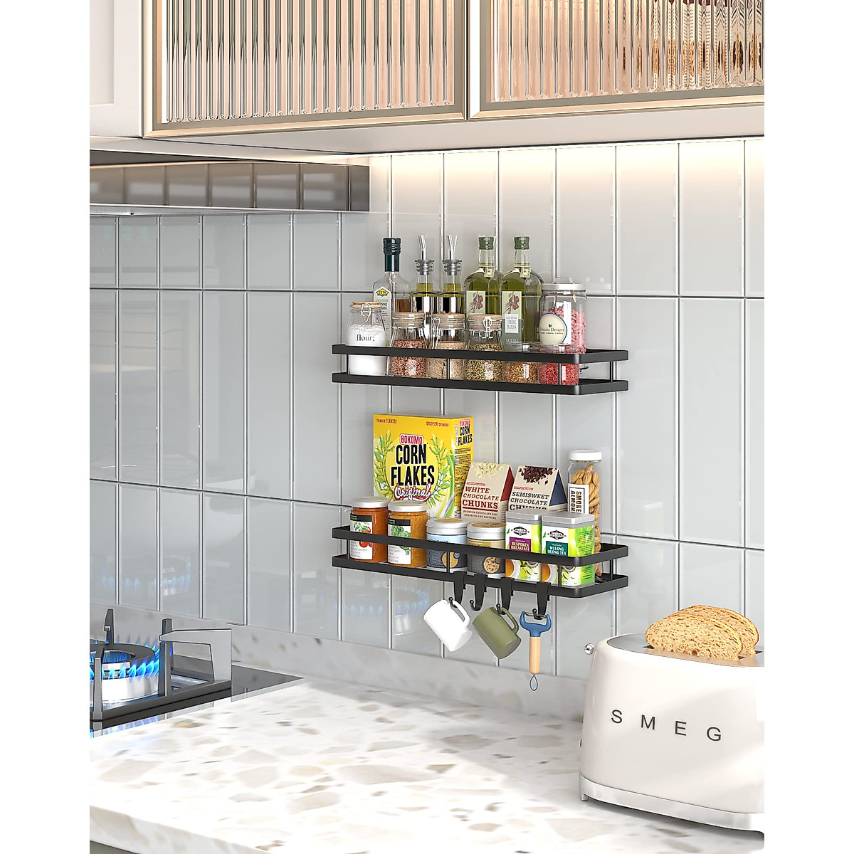 Couwilson Spice Rack Organizer Wall Mounted 15.7in 2 Pack Hanging Seasoning Spice Organizer Shelf, Spice Rack storage for Cabinet or Wall Mount with 4 Strong Hooks, for Kitchen, Bathroom
