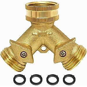 Garden Hose Splitter 2 Way - Heavy Duty Solid Brass Hose Y Splitter，Hose Faucet Splitter,3/4" Brass Hose Adapter Connectors Shut Off Valve, Hose Spigot Adapter 2 Valves, Plus 4 Extra Rubber Washers.