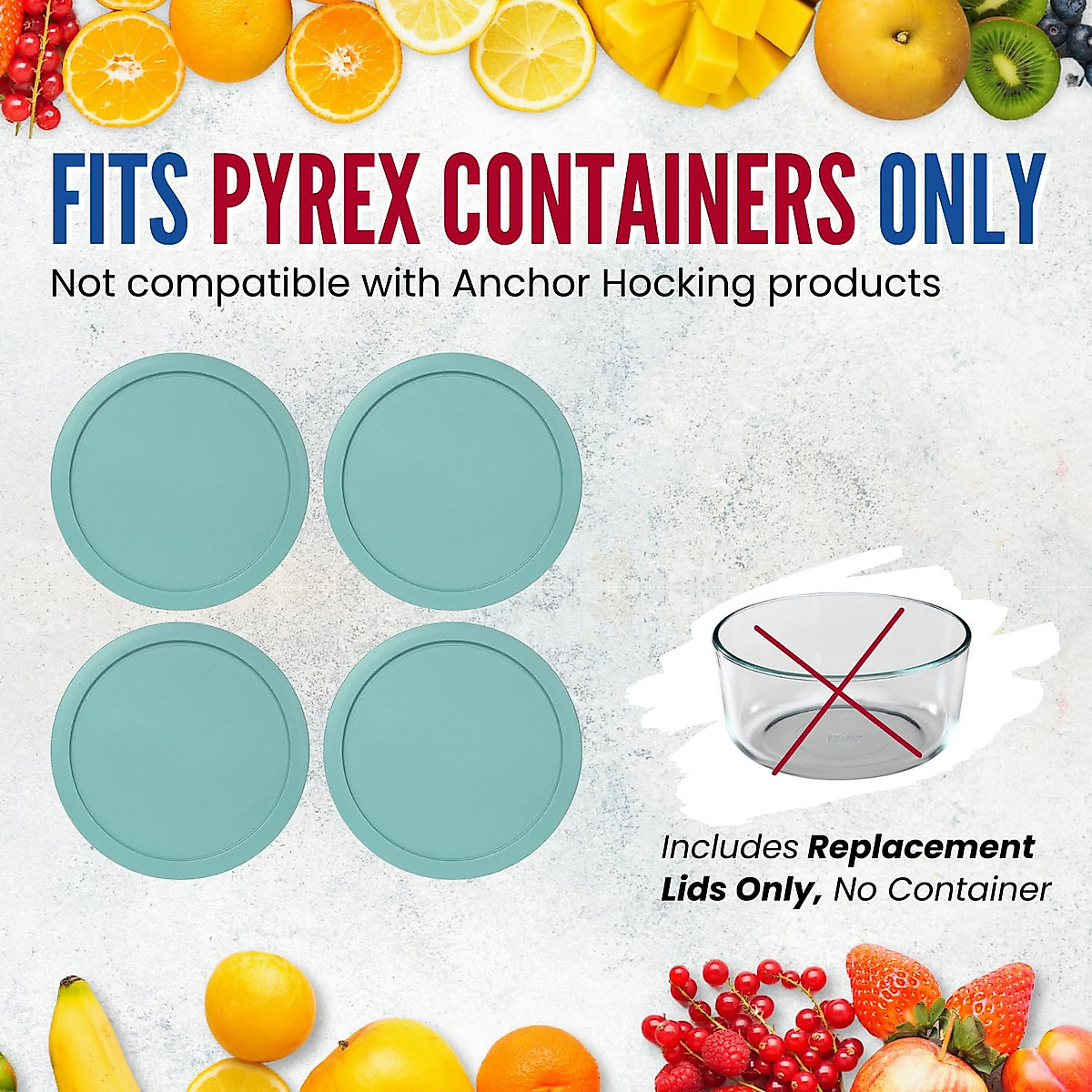 Replacement Lid for Pyrex 7.5" (7 Cup) Storage Plastic Cover Bowl 7402-PC Turqoise (4-Pack)