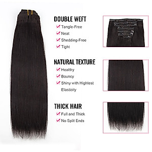 ABH AmazingBeauty Hair Real Remy Thick Yaki Straight Clip Ins Black Hair Extensions for African American Relaxed Hair 7 Pieces 120 Gram Per Set, 14 Inch