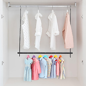 Closet Hanging Rod, 48in Wide Extension Closet Hanging Organizer，6 Height Adjustable Hanging Closet Rods, Space Saving Heavy Duty Closet Rod for Hanging clothes and Towel, Black