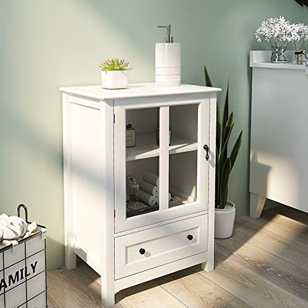 Knocbel Modern Storage Cabinet with Metal Handles, Single Glass Door, Compartments and Drawer, Buffet Sideboard for Kitchen Dining Room Hallway Entryway, 22" L x 14.4" W x 31.7" H (White)