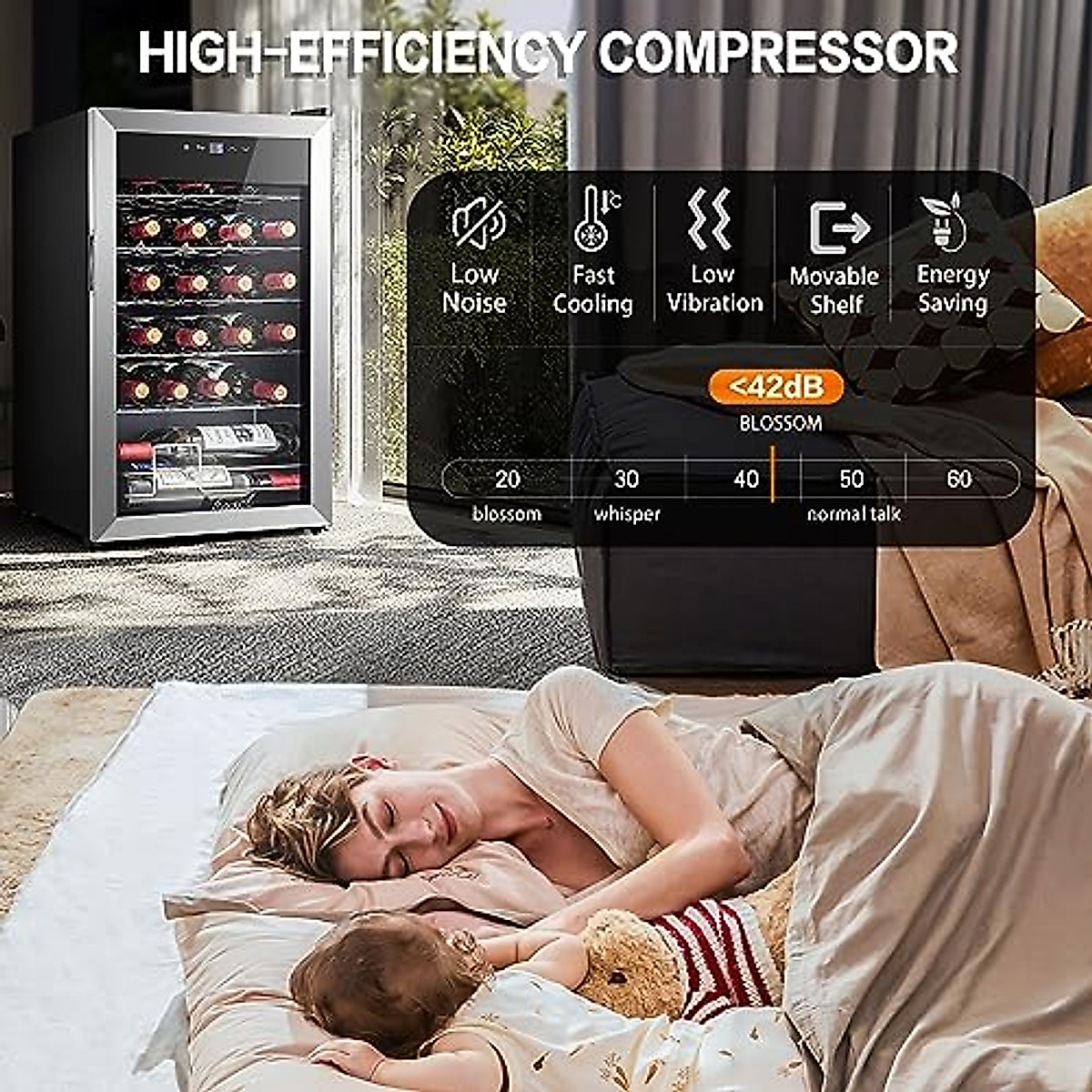 AAOBOSI Wine Fridge, 24 Bottle Wine Cooler 46-66℉ Beverage Wine Refrigerator, Glass Door Free Standing Mini Wine Cellar with Adjustable Shelves and Temperature Memory for Bar, Home, Condo